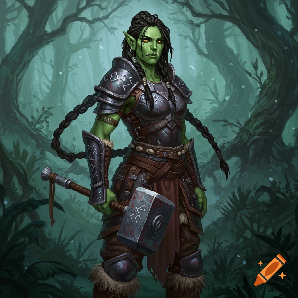 A fantasy illustration of a green-skinned orc woman in armor holding a ...