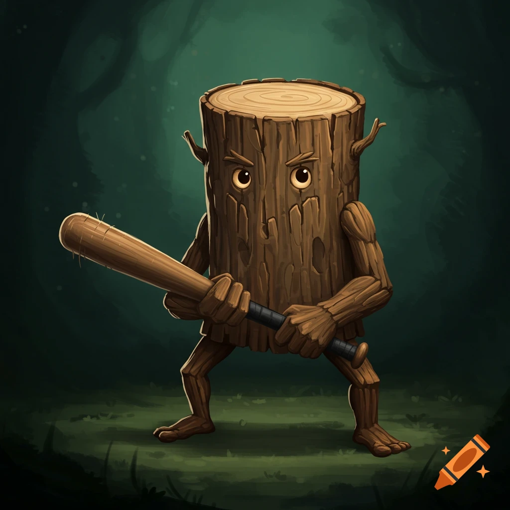 A cartoon log character with arms and legs holds a baseball bat in a ...