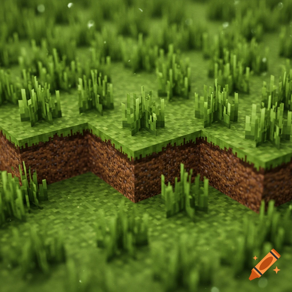 Close-up view of Minecraft-style grass and dirt blocks with green grass ...