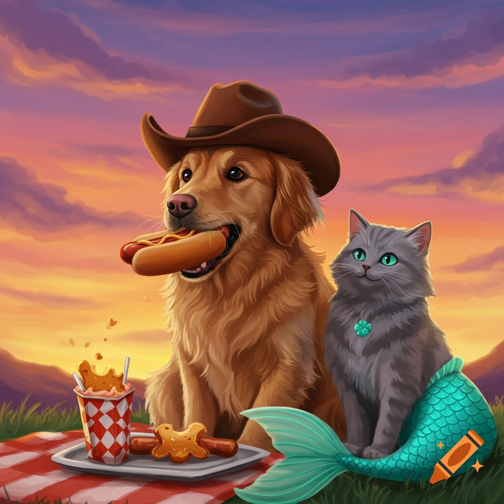 Illustration of a cowboy dog eating a hotdog next to a mermaid cat at a ...