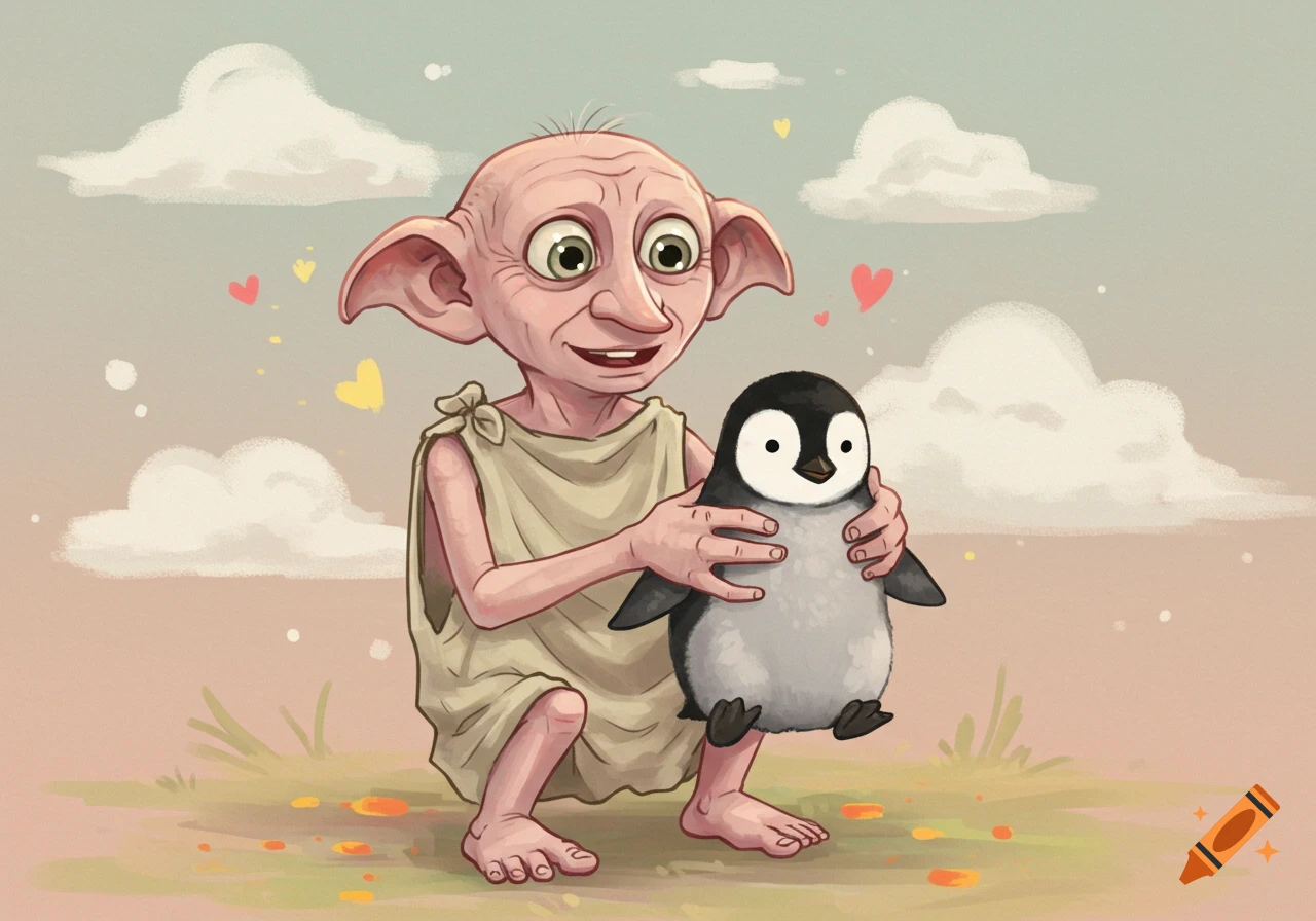 An illustration of Dobby the house elf holding a baby penguin. on Craiyon