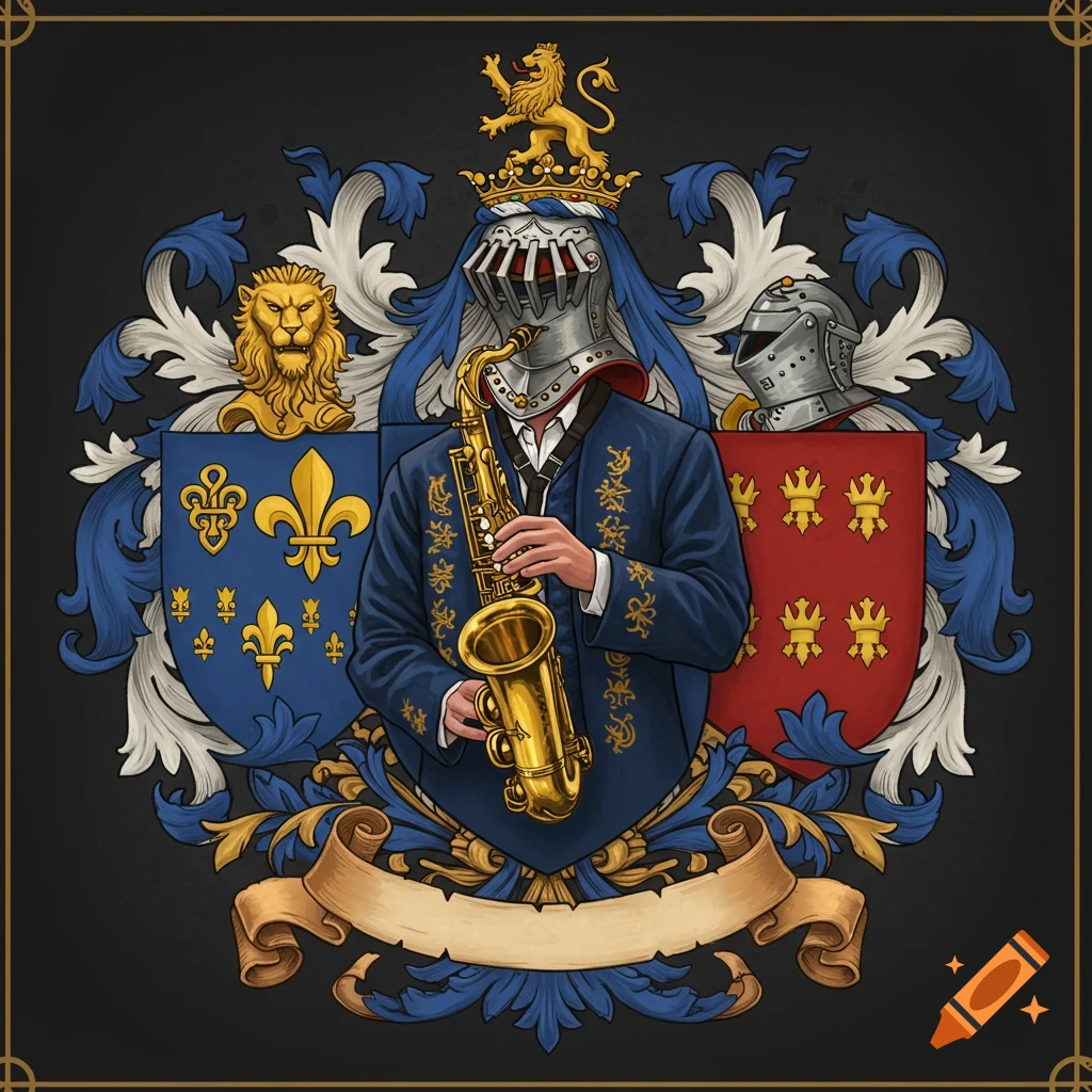 Illustration of a figure in a helmet playing saxophone over a coat of ...