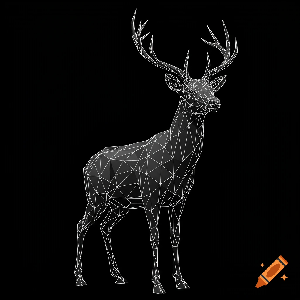 White wireframe low-poly deer against a black background. on Craiyon
