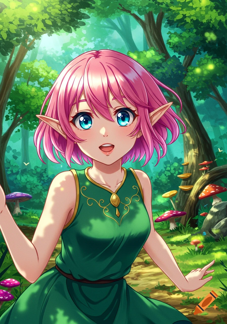 Anime style illustration of a pink-haired elf girl in a forest. on Craiyon