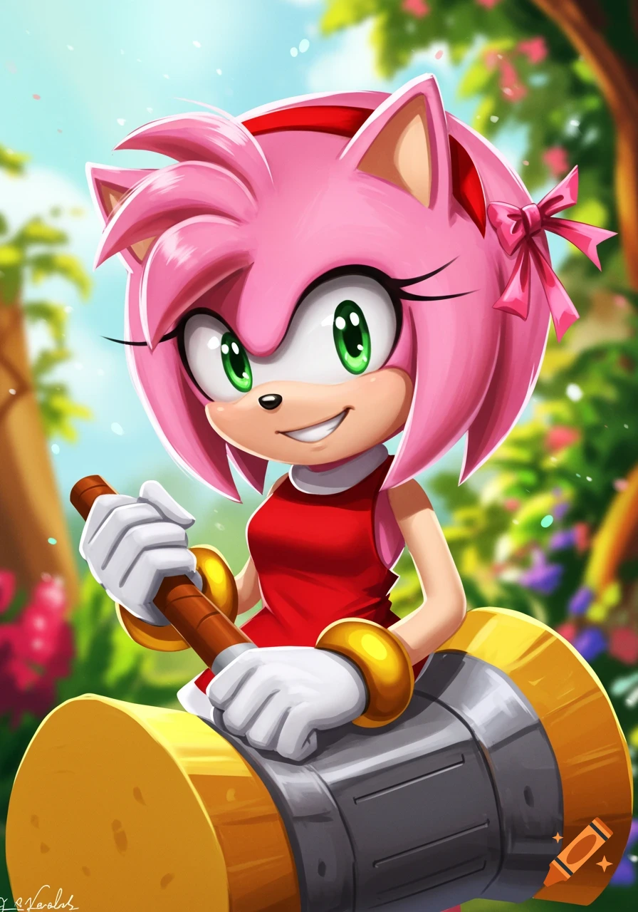 Amy Rose from Sonic the Hedgehog holding her Piko Piko Hammer in a ...