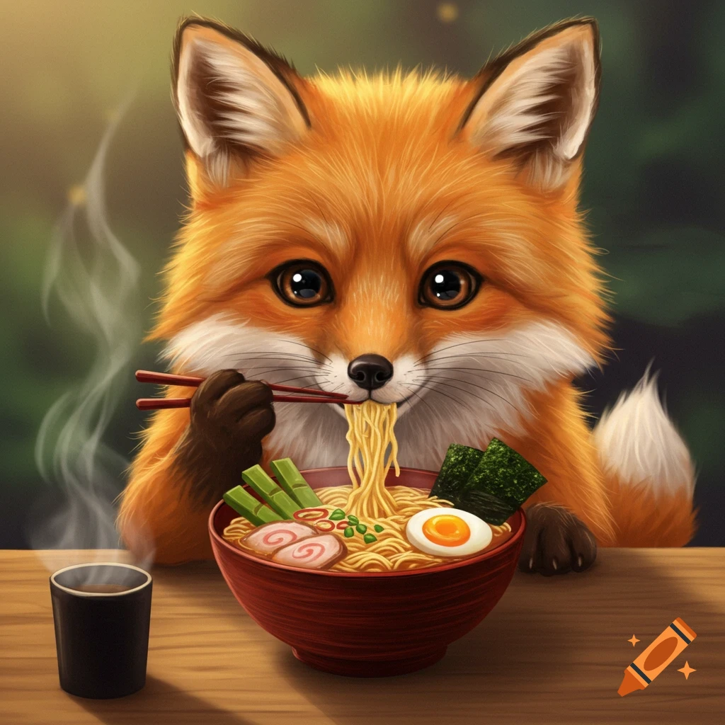 A cute fox eating ramen with chopsticks at a wooden table. on Craiyon