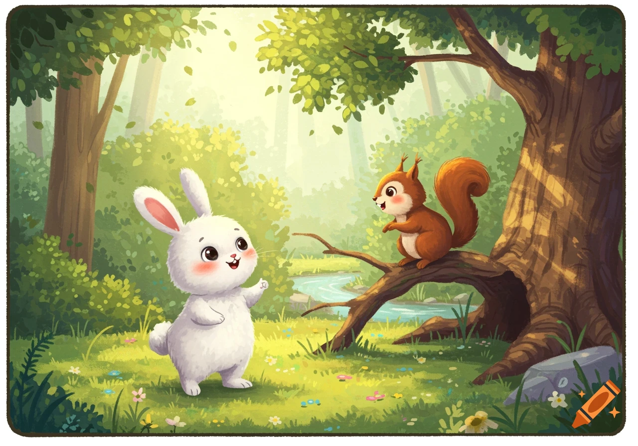 Cute cartoon rabbit and squirrel talking in a forest clearing by a ...