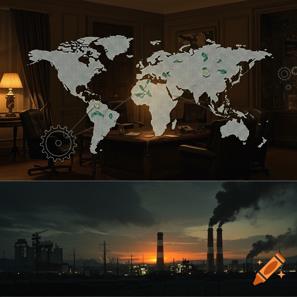 Two panel image: a world map over an office desk, and smoking factory ...