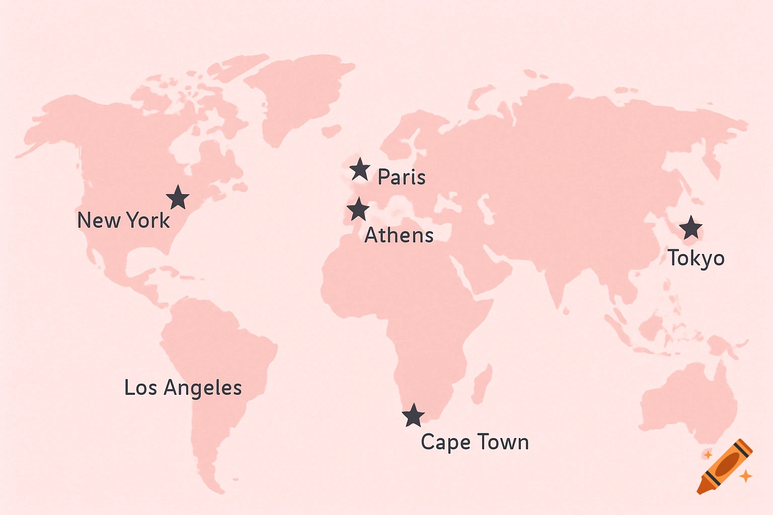 Pink world map with stars marking cities: New York, Los Angeles, Paris ...