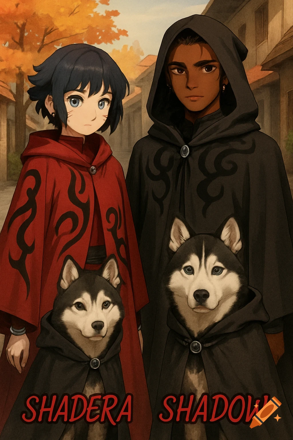 Anime illustration of two cloaked characters with two husky dogs ...