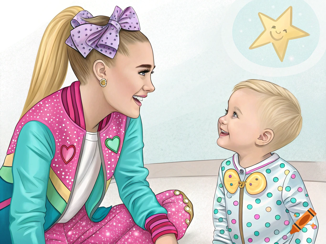 Illustration of JoJo Siwa with a baby looking at a smiling star. on Craiyon