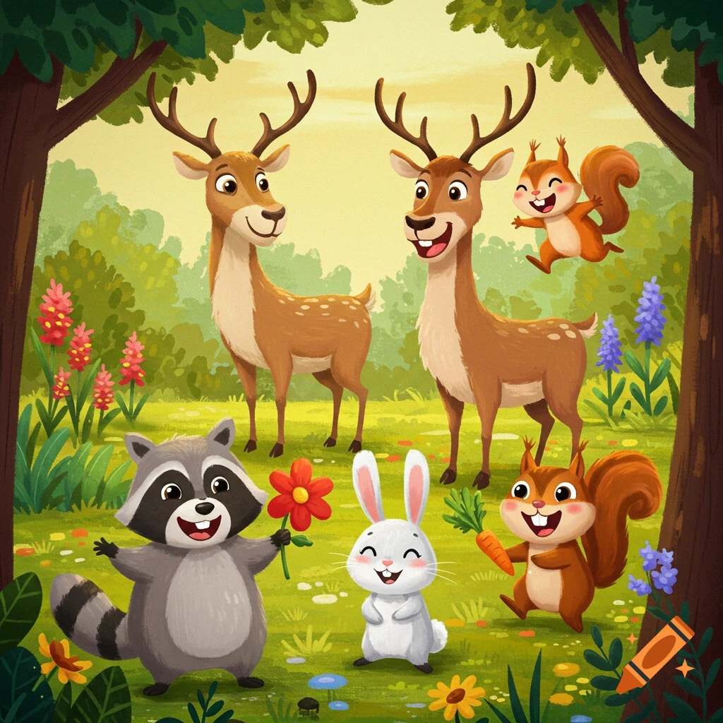 Cartoon illustration of smiling animals including deer, raccoon, rabbit ...