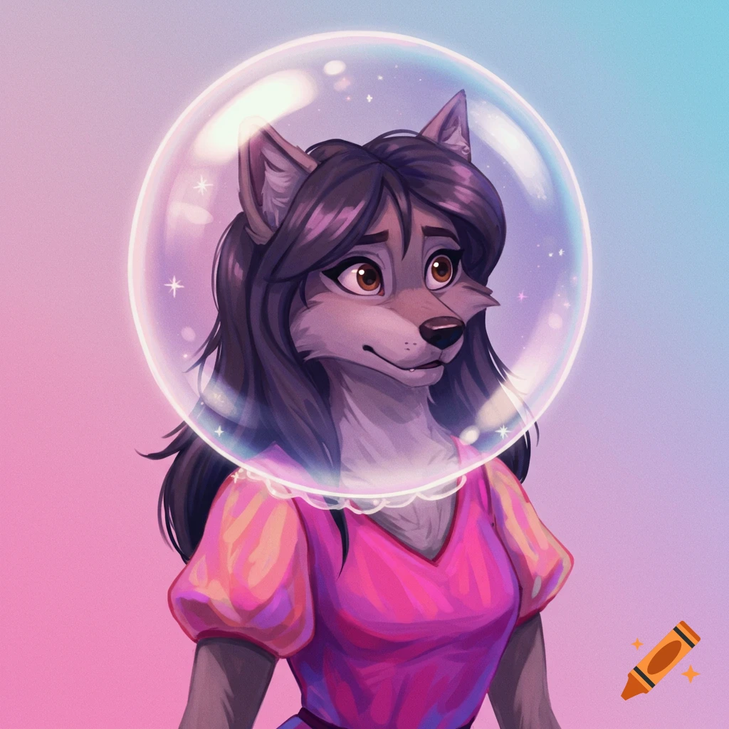 Disney-style anthropomorphic wolf woman with dark hair wearing a pink ...