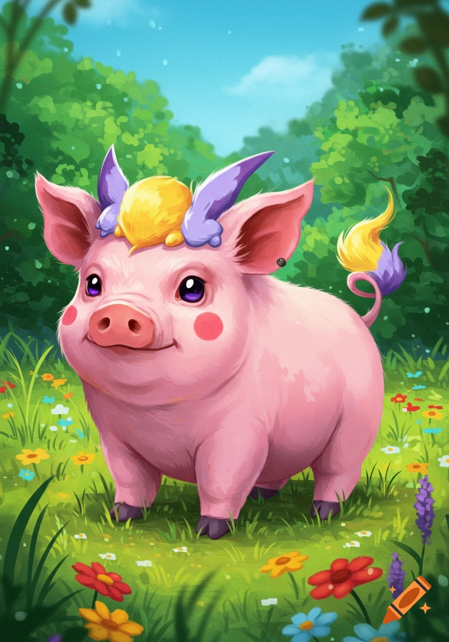 Cute cartoon fantasy pig creature in a field of flowers. on Craiyon