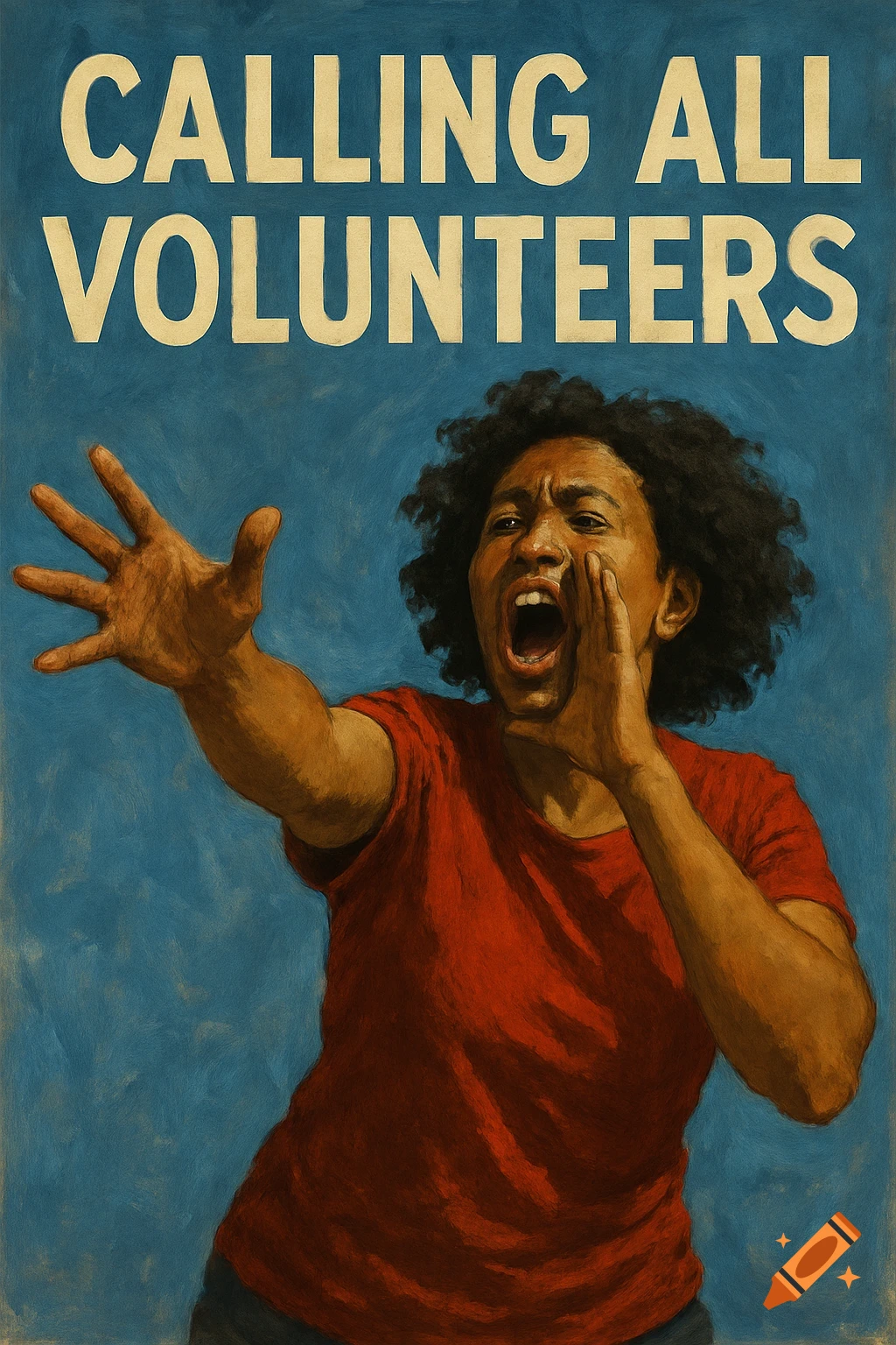 Illustration of a person shouting on a poster with the text 'CALLING ...