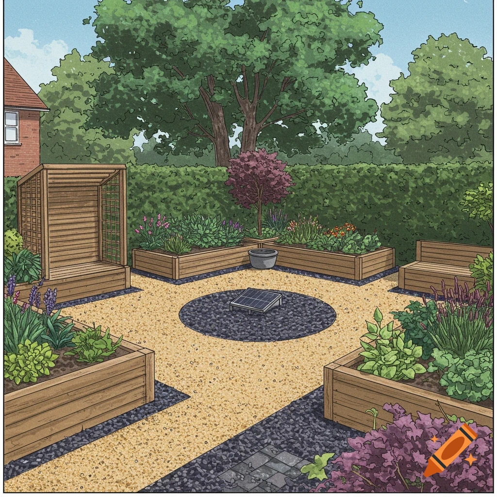 Illustration of a modern garden with wooden raised beds, gravel paths ...