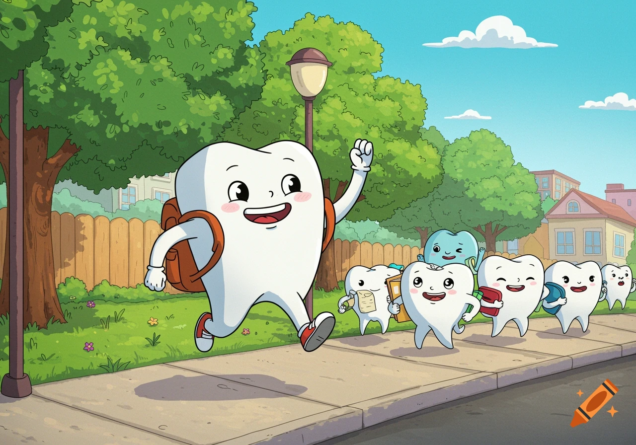 Cartoon teeth characters with backpacks walk down a sidewalk to school ...