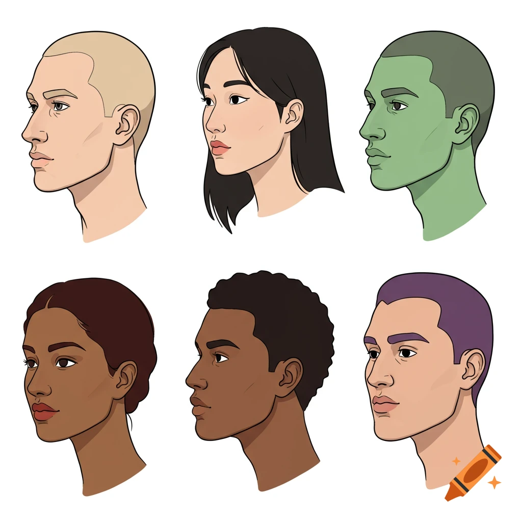 Six diverse human head profiles in a line-drawn illustration style. on ...