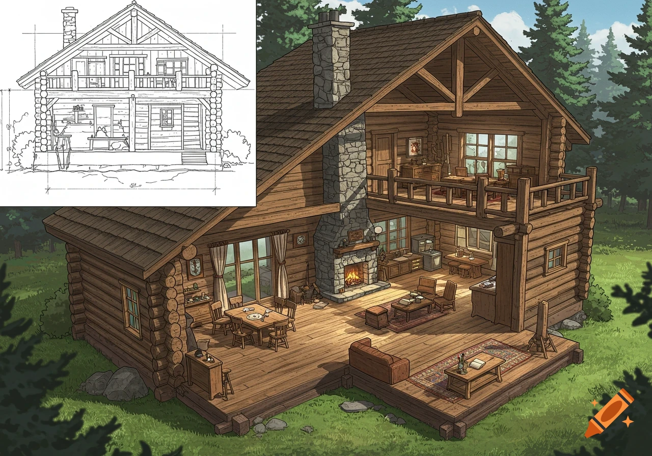 Isometric illustration of a log cabin interior with furniture and a ...