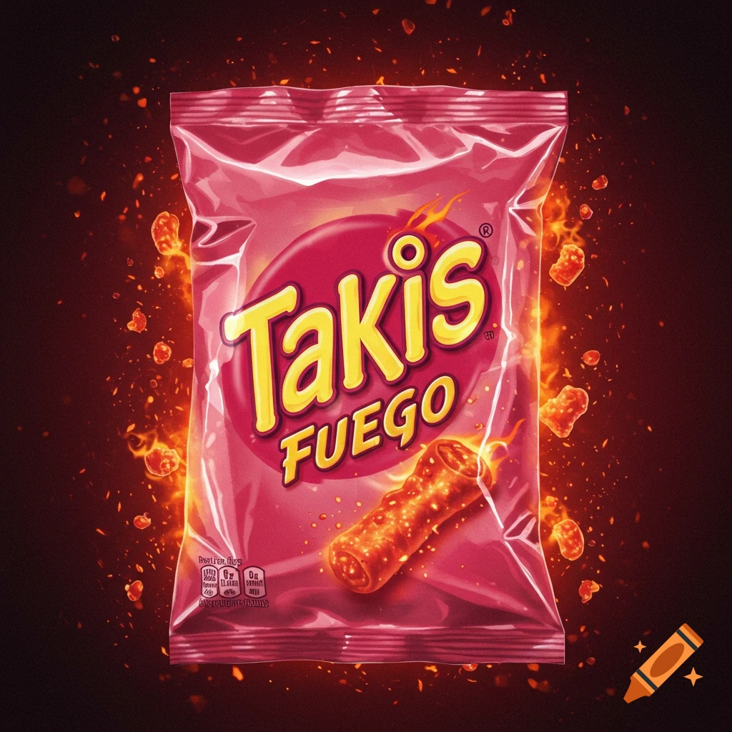 Bag of Takis Fuego chips surrounded by flames and sparks. on Craiyon