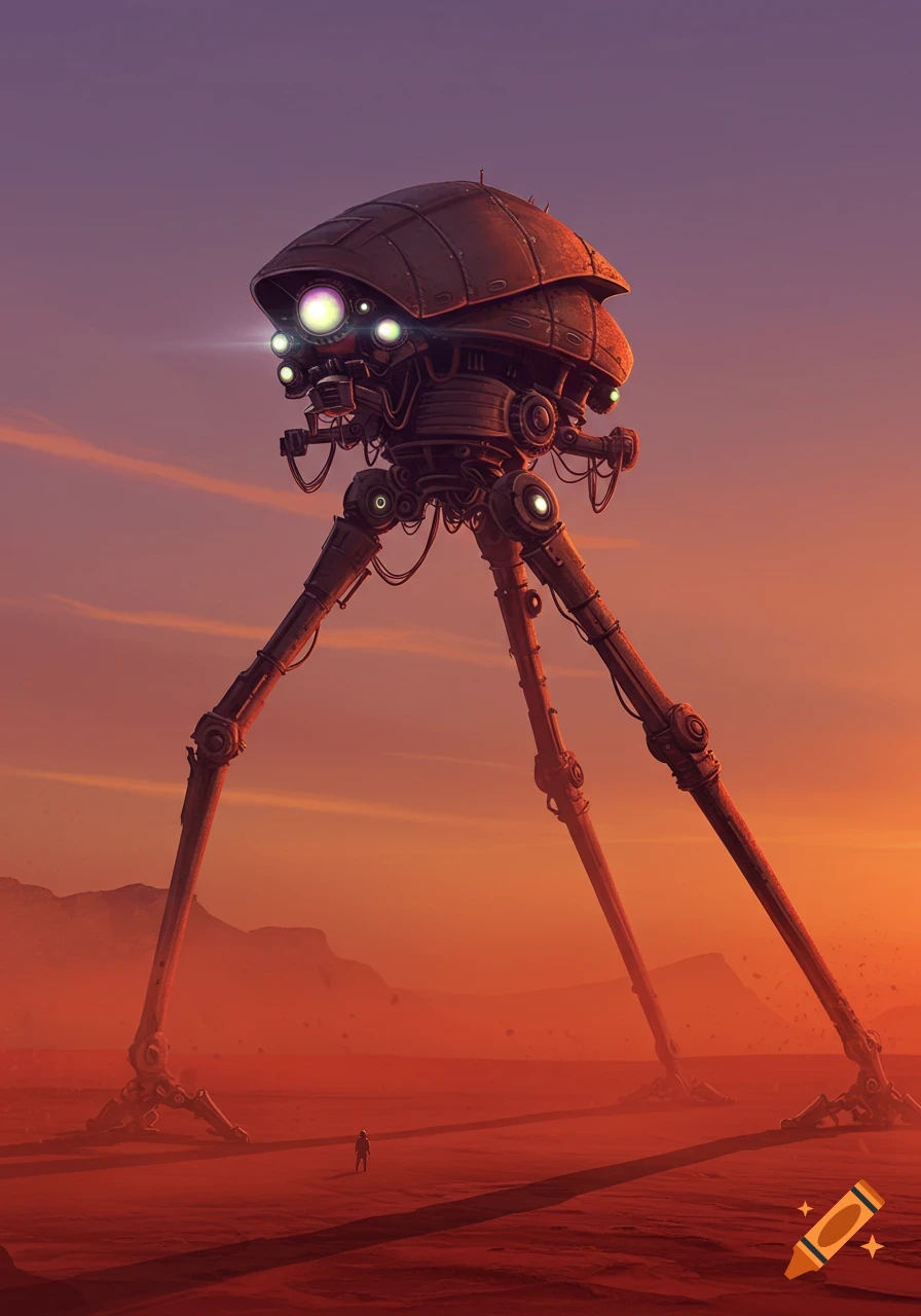 A giant metallic tripod machine stands on a red alien landscape under a ...