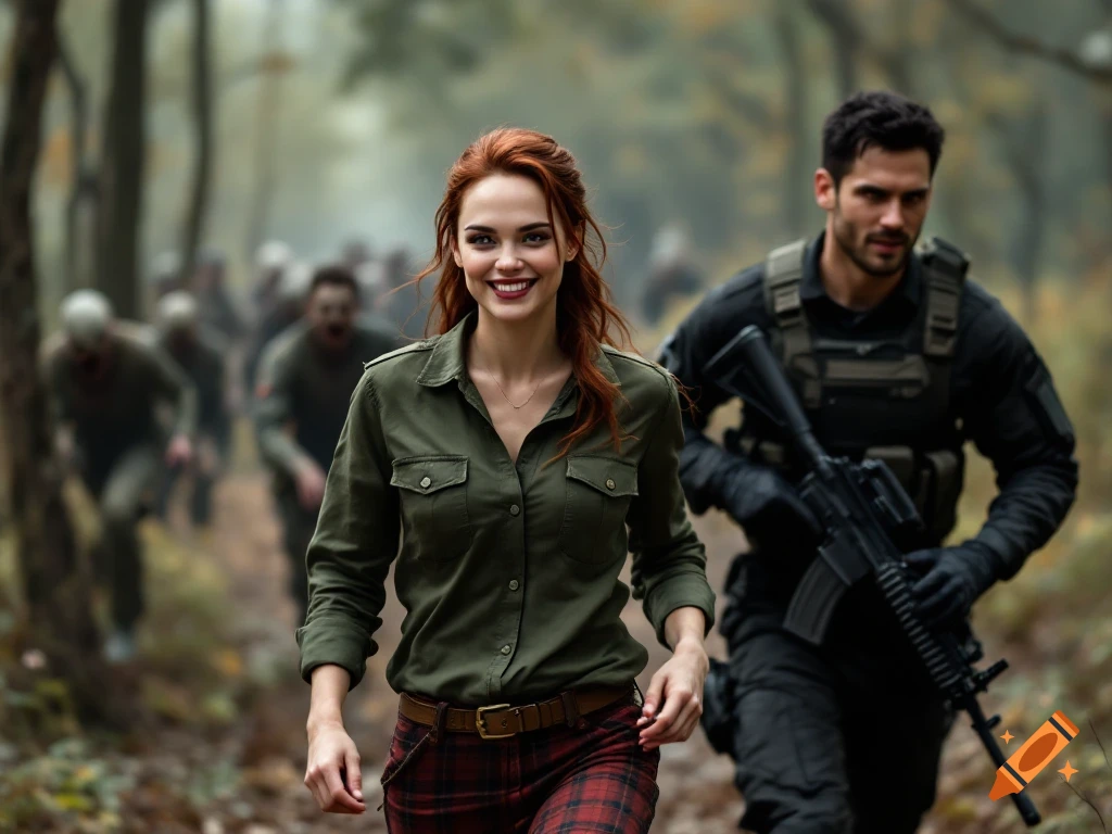 Photorealistic image of a woman and man running through a forest ...