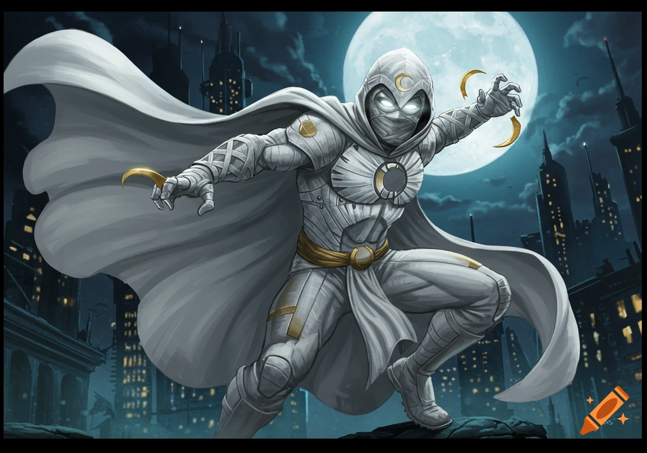 Moon Knight in a dynamic crouch pose against a night city skyline with ...