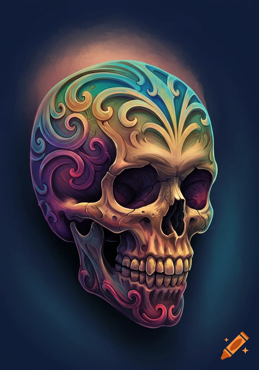 Stylized skull with colorful, ornate scrolling patterns in digital art ...