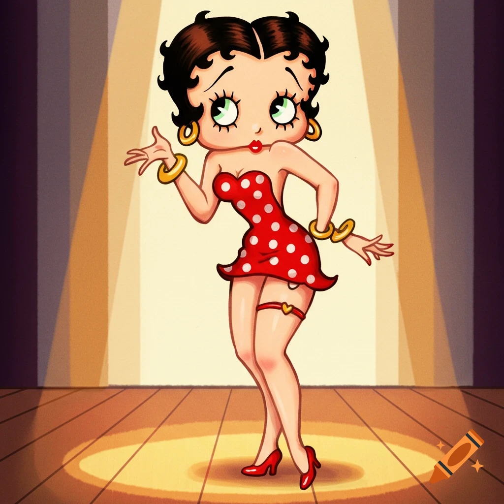 Cartoon character Betty Boop in a red polka dot dress striking a pose on a stage. on Craiyon