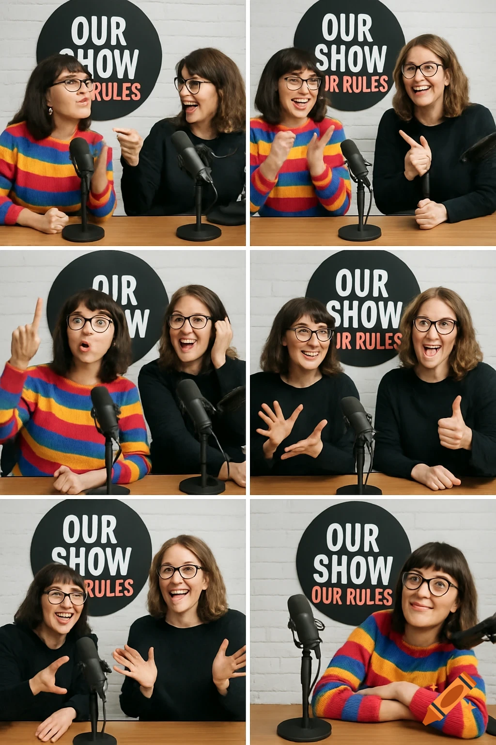 Two women hosts recording a podcast, 'Our Show Our Rules', in a grid of ...
