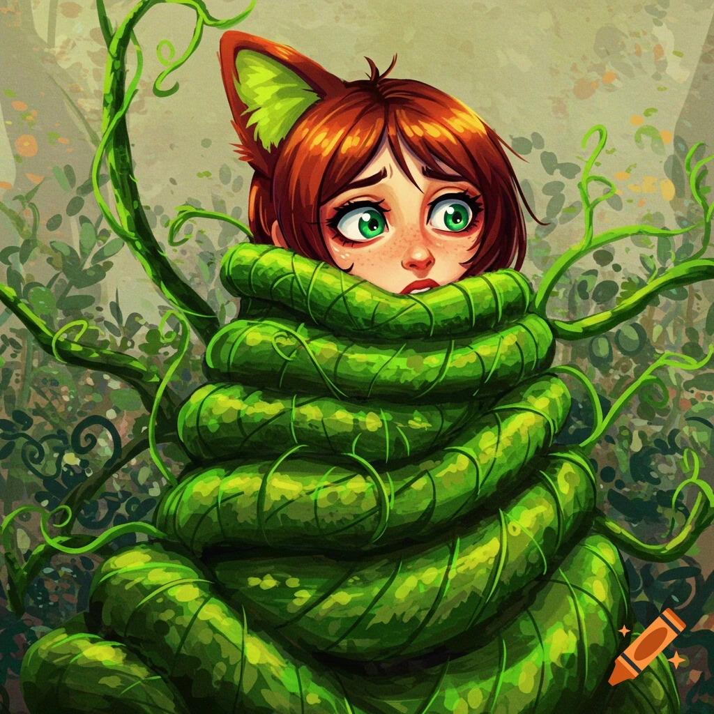 Anime illustration of a girl with fox ears trapped in green vines in a ...