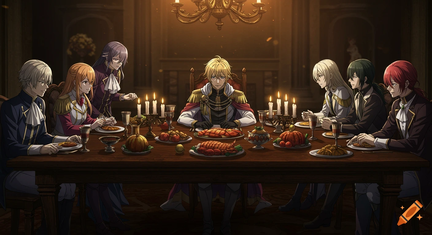 Anime characters in ornate outfits dining at a long table with food and ...
