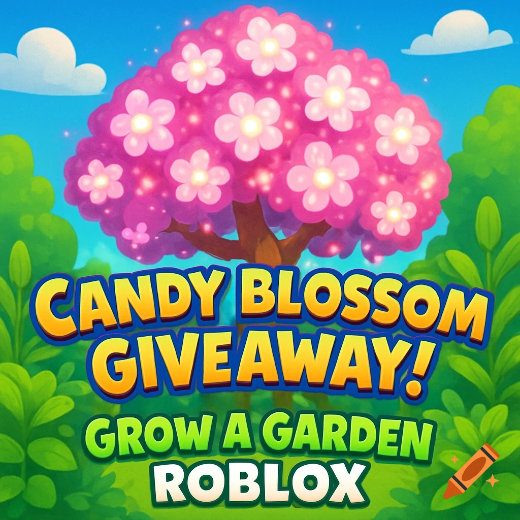 Vibrant cartoon gaming thumbnail with a pink flowering tree, garden ...