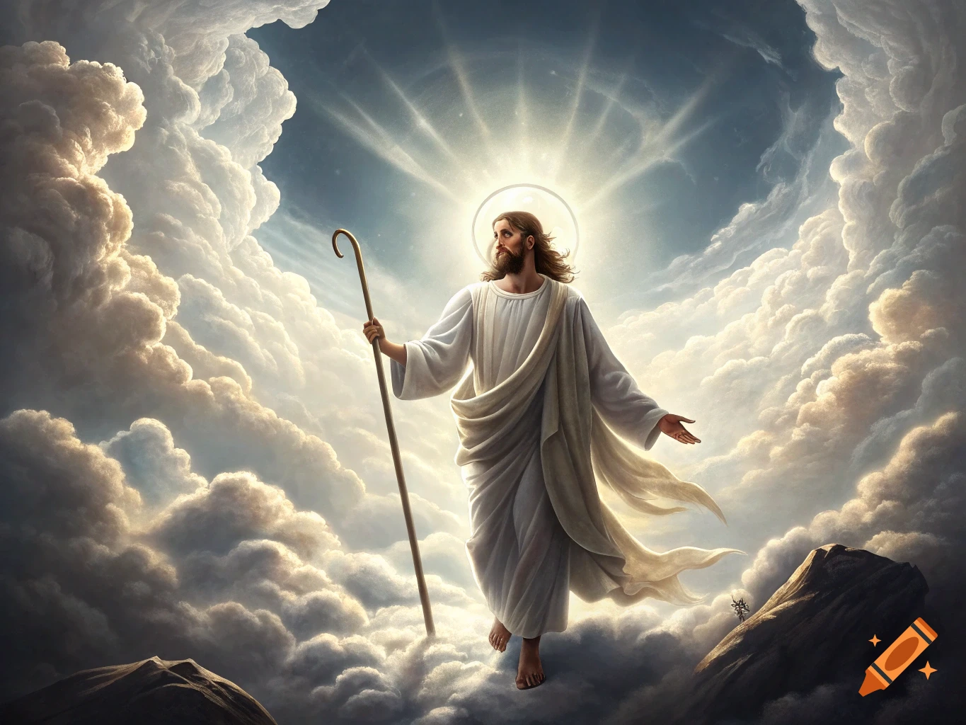 Jesus stands in a bright burst of light among clouds, holding a staff ...