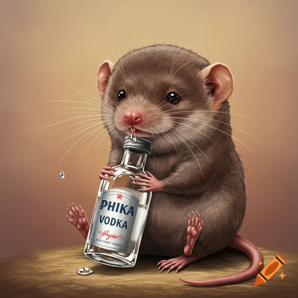 A cute cartoon shrew sits holding a bottle labeled 'PHIKA VODKA'. on ...