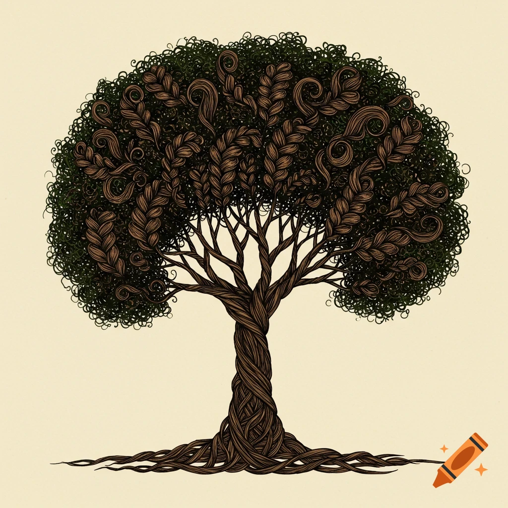 Stylized drawing of a tree with a braided trunk and curly afro-like ...