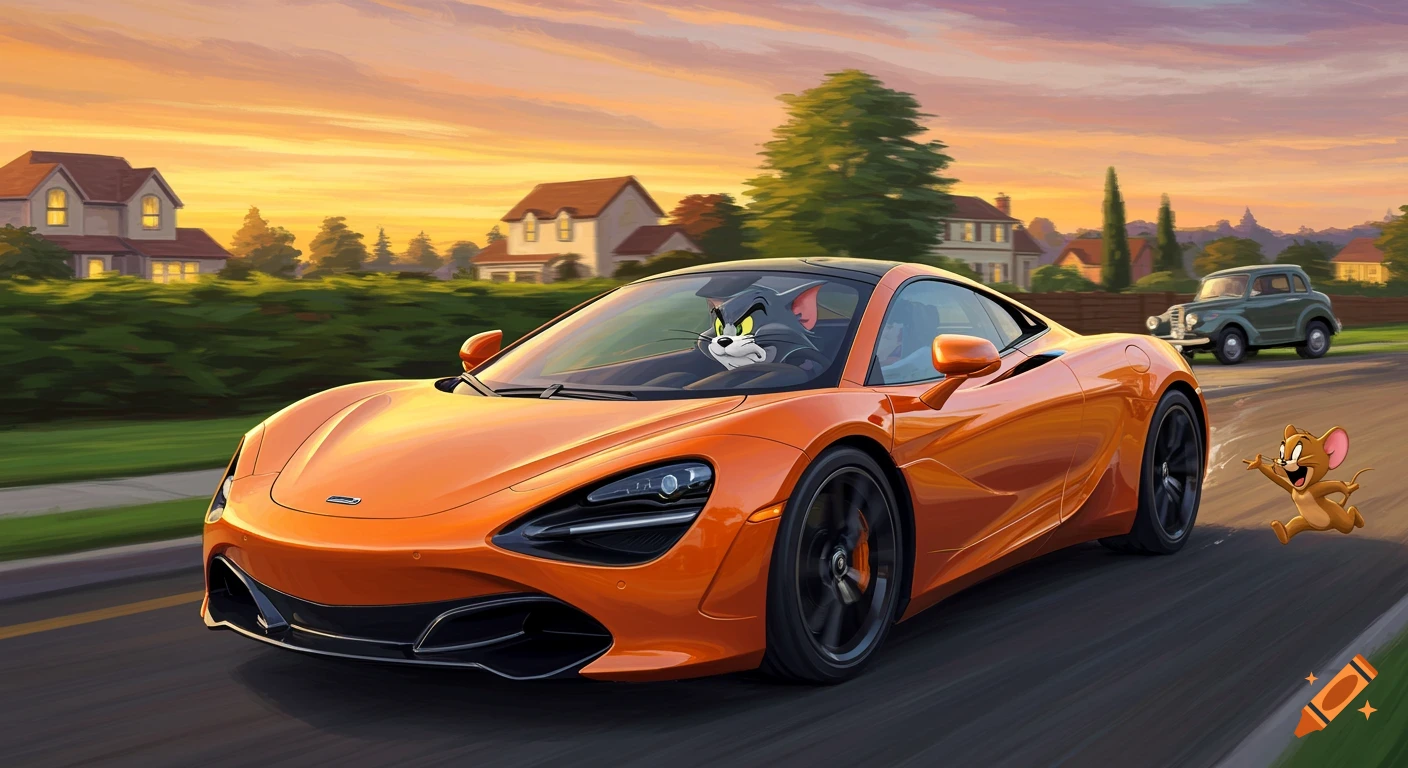 Cartoon painting of Tom the cat driving an orange McLaren sports car ...