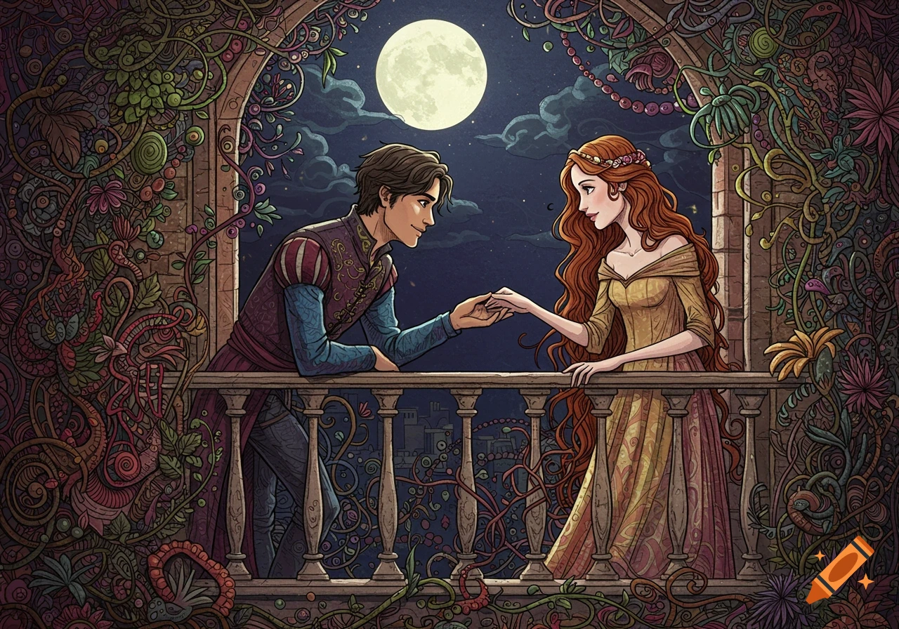 Illustrated fantasy scene of a couple holding hands on a balcony under ...