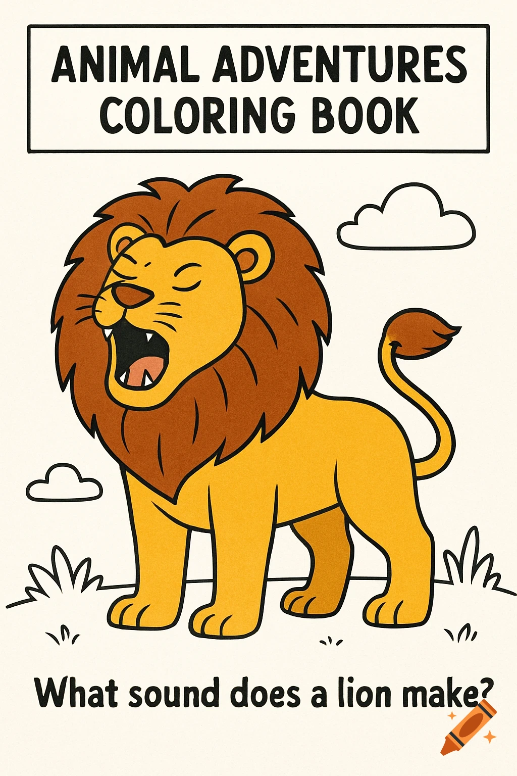 Coloring book page featuring a roaring lion and text asking what sound ...
