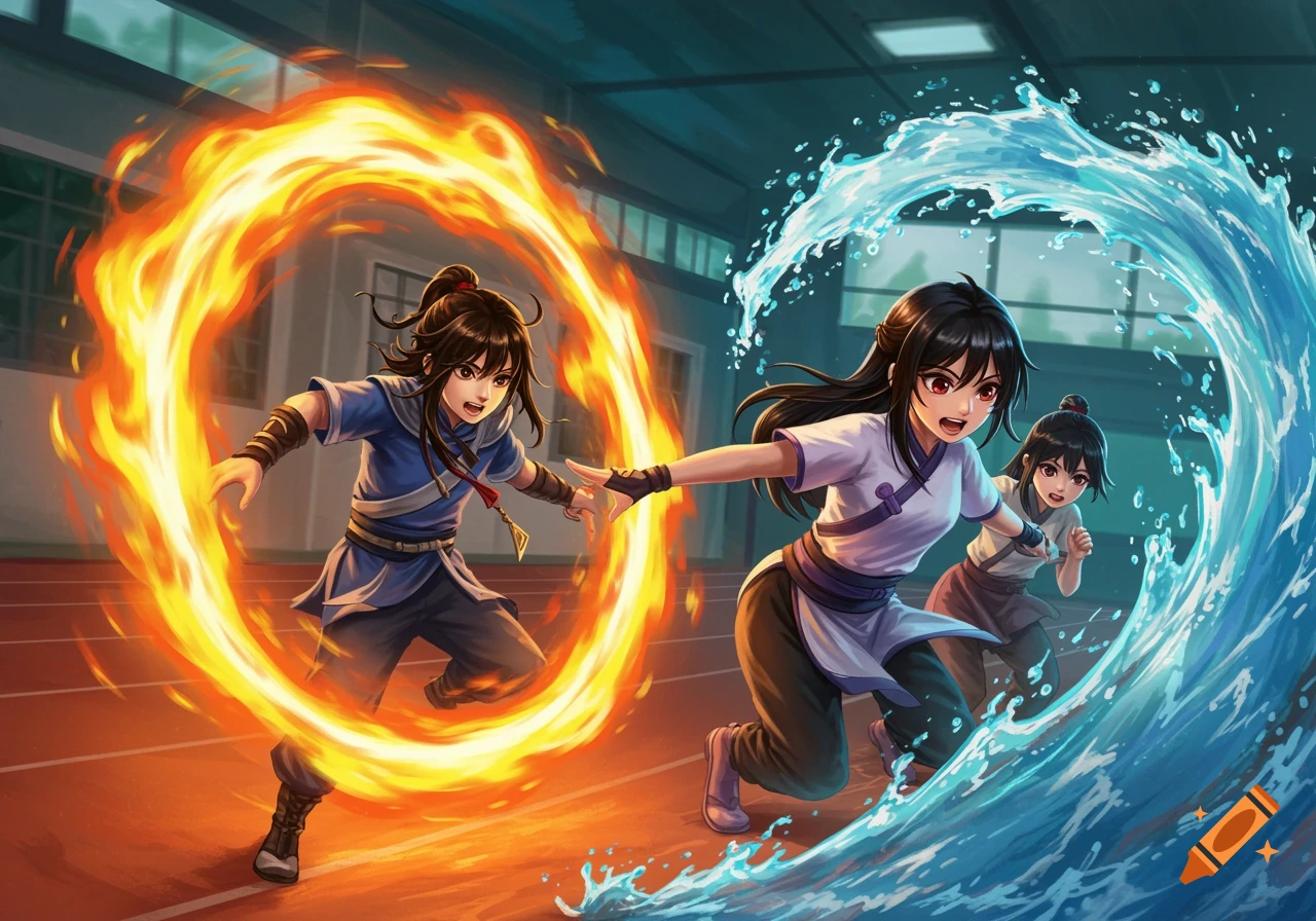 Anime characters use fire and water powers in a sports center. on Craiyon