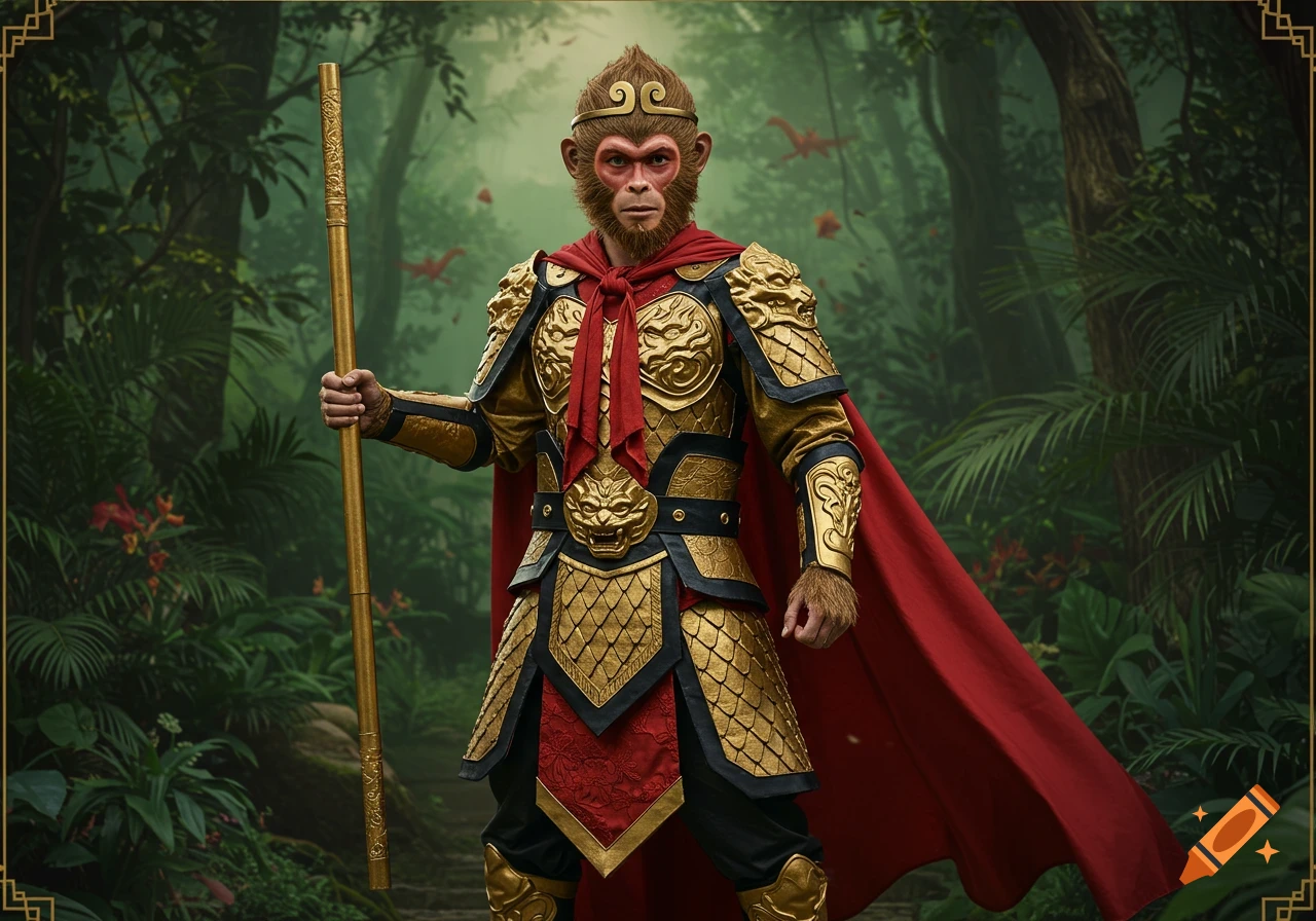 Monkey King in golden armor holding a staff in a jungle, photorealistic on Craiyon