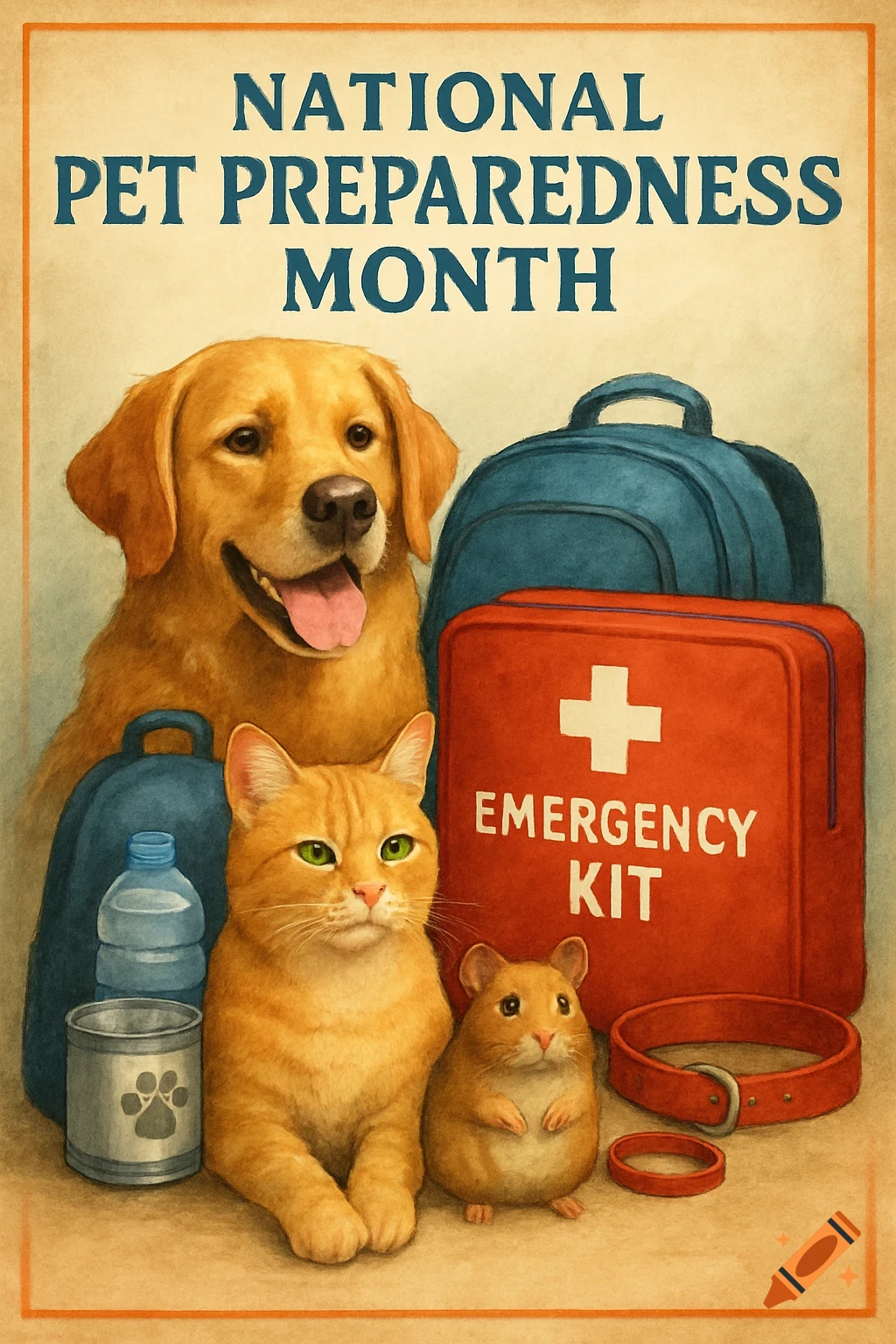 An illustration of a dog, cat, and hamster with emergency supplies for ...