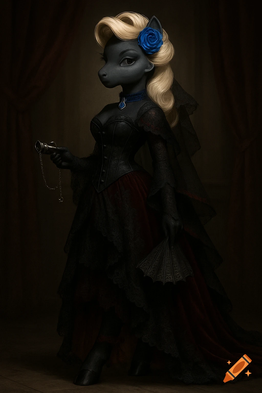 A creature in a black gothic dress holds opera glasses and a fan. on ...