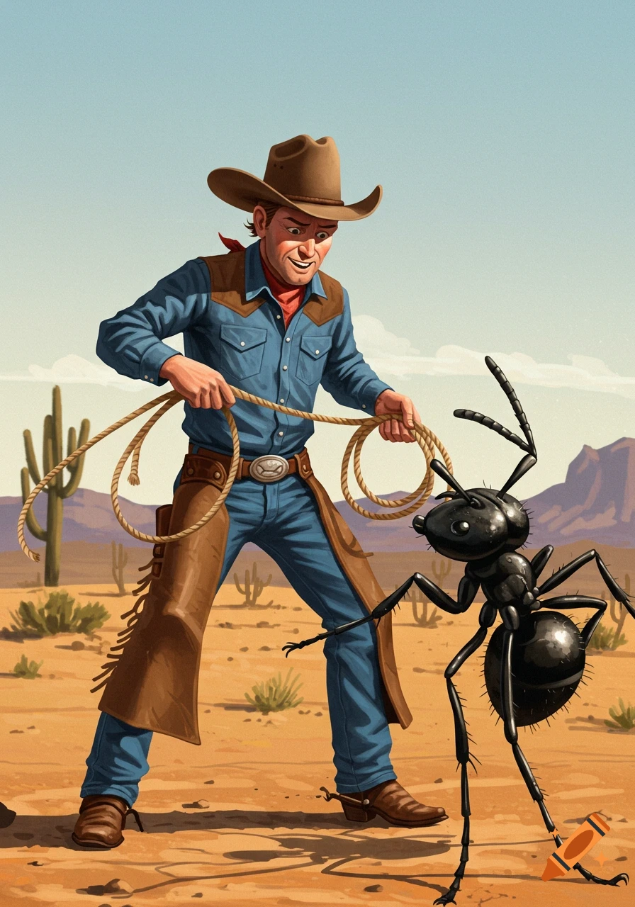 Illustration of a cowboy with a lasso facing off against a giant ant in ...