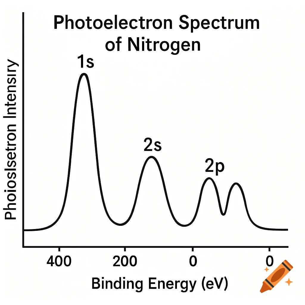 Black line graph showing a photoelectron spectrum with labeled peaks 1s ...