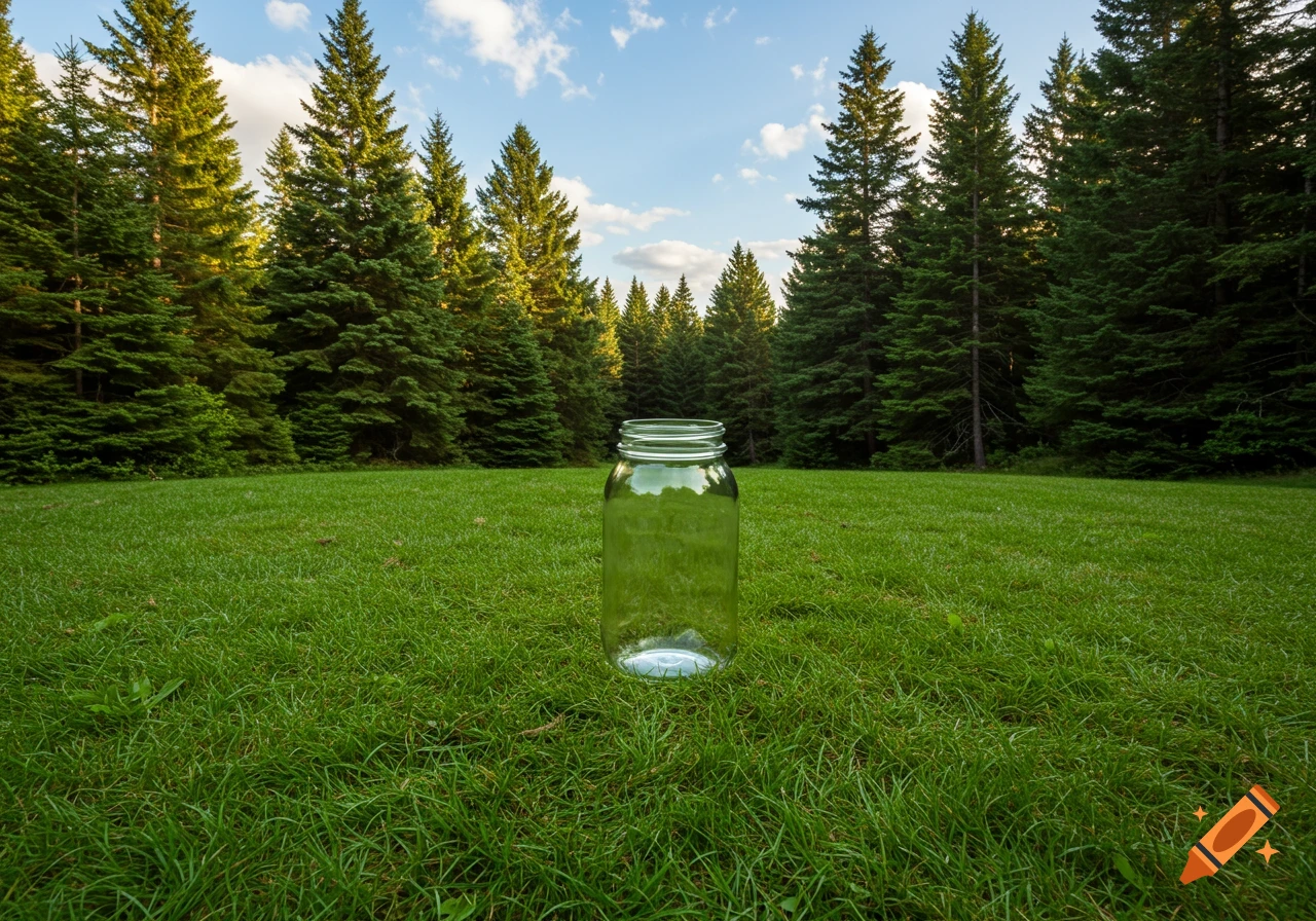 Empty mason jar in a grassy field surrounded by pine trees under a blue ...