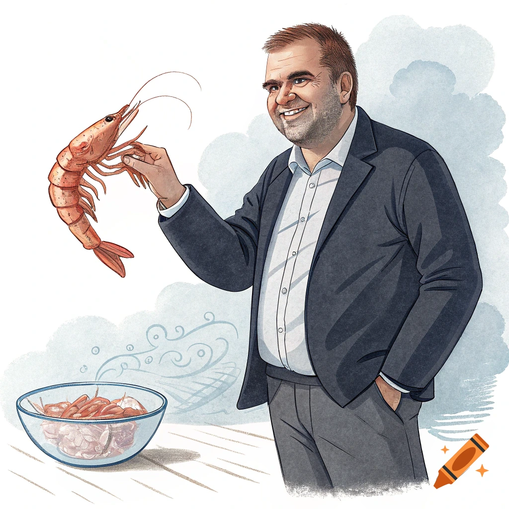 Illustration of a man holding a large shrimp next to a bowl of shrimp ...