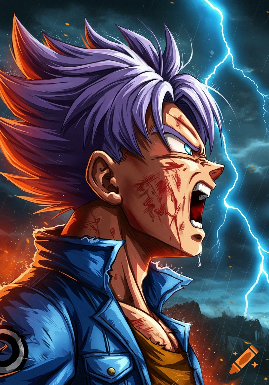 Future Trunks looking intense and screaming in a storm with lightning ...