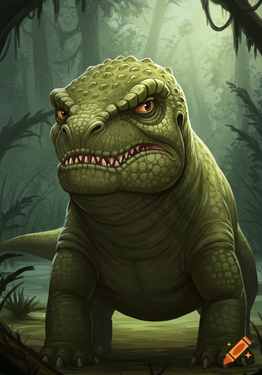 A grumpy-looking green dinosaur stands in a swampy forest clearing ...