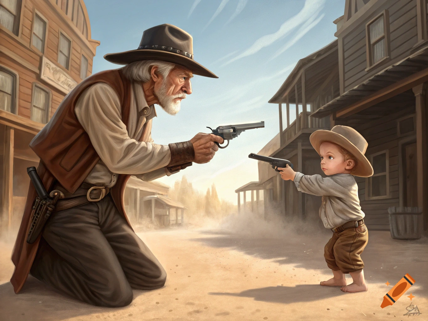 Old man and baby cowboys with guns drawn facing each other in a Western ...